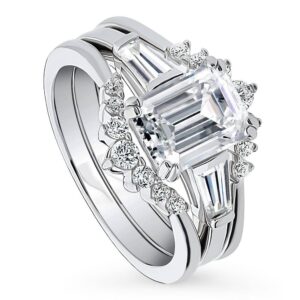 berricle sterling silver 3-stone wedding engagement rings emerald cut cubic zirconia cz 7-stone ring set for women, rhodium plated size 5.5