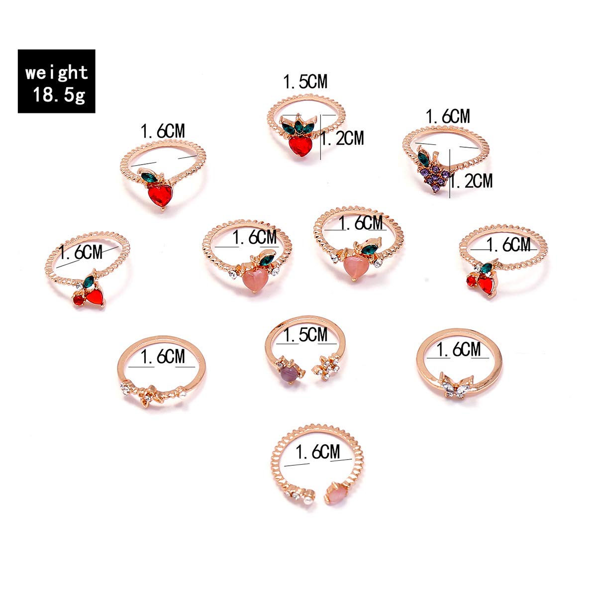 XUN Zhe 11Pcs Stackable Ring Set Apple Peach Strawberry Grape Cherry Butterfly Snowflake Fruit Rhinestone Crystal Zirconia Knuckle Band Ring Jewelry for Women (Golden)