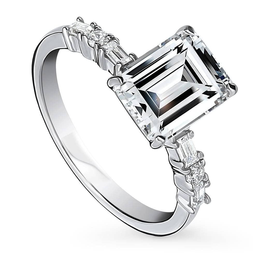 BERRICLE Sterling Silver Solitaire Wedding Engagement Rings 2.1 Carat Emerald Cut Cubic Zirconia CZ Art Deco Promise Ring for Women, Rhodium Plated Size 6