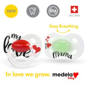 Medela Baby Pacifier | Day and Night Glow in The Dark | 6-18 Months | 2-Pack, Lightweight | BPA-Free | Supports Natural Suckling | My Love and I Love Mama