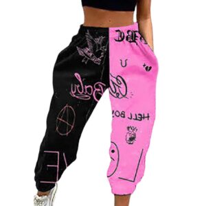 Mylleure Women Printed Baggy Sweatpants Pockets High Waisted Joggers Pants Contrast Color Sporty Workout Athletic Lounge Trousers (B Black + Pink Symbol, M)