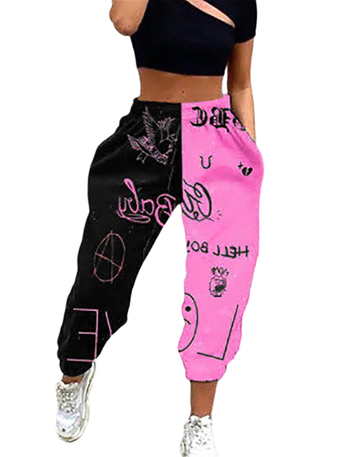 Mylleure Women Printed Baggy Sweatpants Pockets High Waisted Joggers Pants Contrast Color Sporty Workout Athletic Lounge Trousers (B Black + Pink Symbol, M)