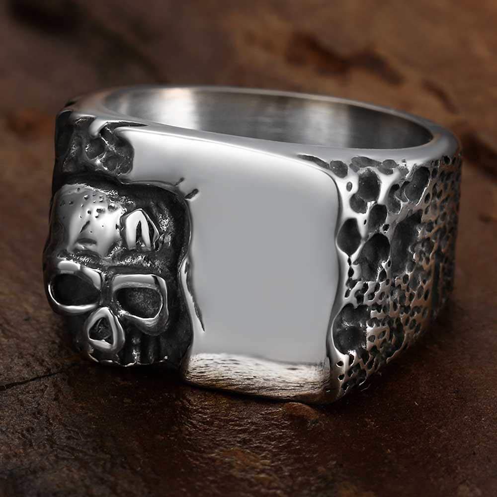 Jude Jewelers Antique Retro Vintage Style Stainless Steel Gothic Skull Signet Halloween Party Biker Ring (Silver, 9)