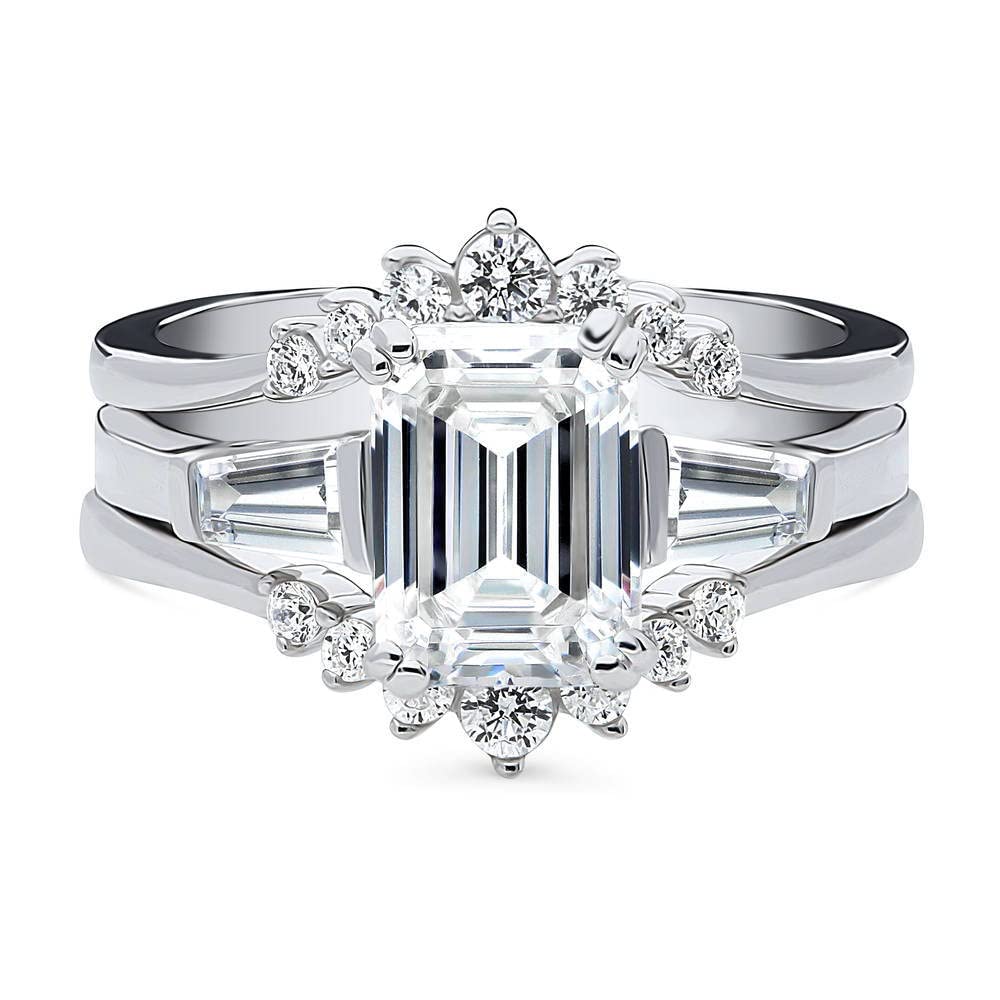 BERRICLE Sterling Silver 3-Stone Wedding Engagement Rings Emerald Cut Cubic Zirconia CZ 7-Stone Ring Set for Women, Rhodium Plated Size 7