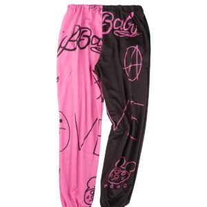 Mylleure Women Printed Baggy Sweatpants Pockets High Waisted Joggers Pants Contrast Color Sporty Workout Athletic Lounge Trousers (B Black + Pink Symbol, M)