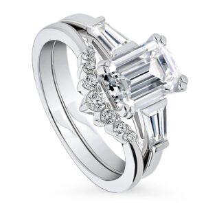 berricle sterling silver 3-stone wedding engagement rings emerald cut cubic zirconia cz 7-stone ring set for women, rhodium plated size 10