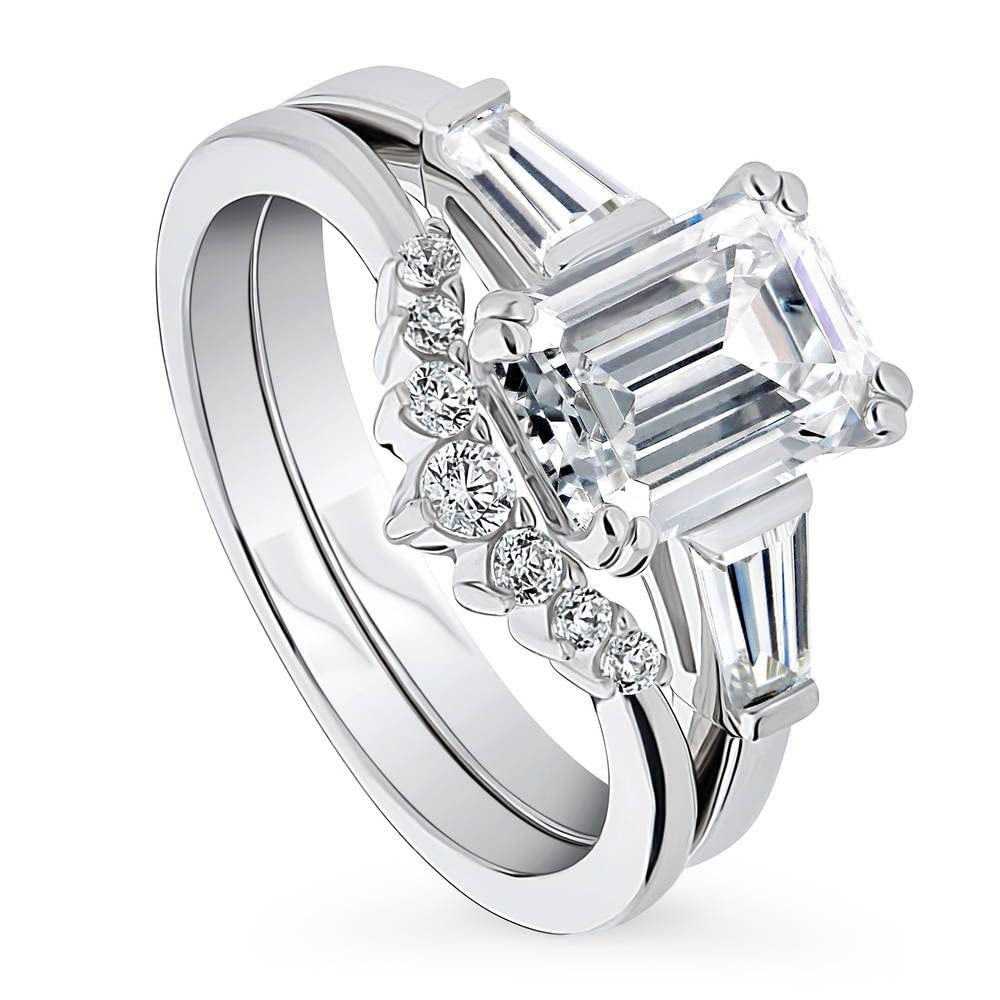 BERRICLE Sterling Silver 3-Stone Wedding Engagement Rings Emerald Cut Cubic Zirconia CZ 7-Stone Ring Set for Women, Rhodium Plated Size 6.5