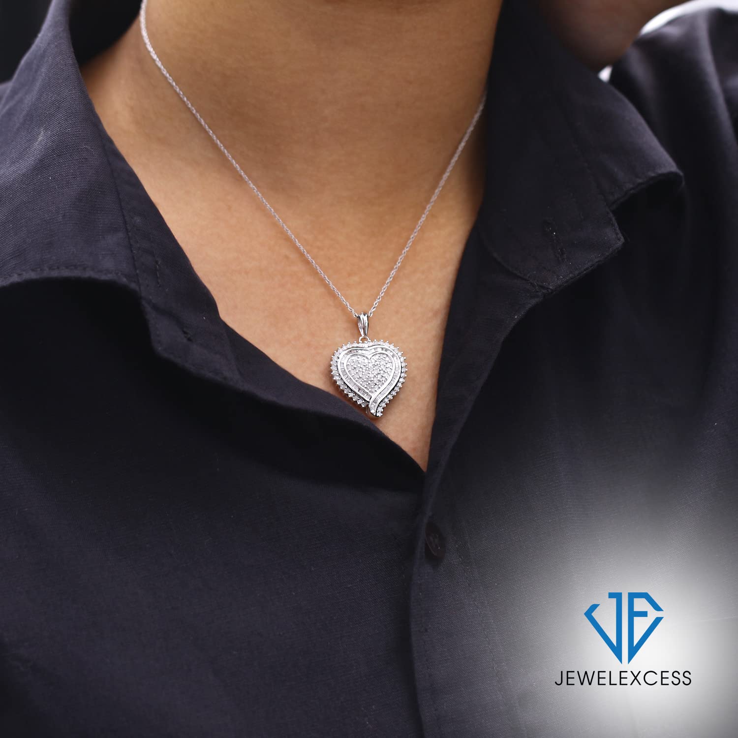 JEWELEXCESS Sterling Silver (.925) or 14K Gold over Silver Heart Necklace with 1.00 Carat White Diamonds | Jewelry for Women with Round & Baguette White Diamonds & 18 inch Rope Chain with Spring Clasp