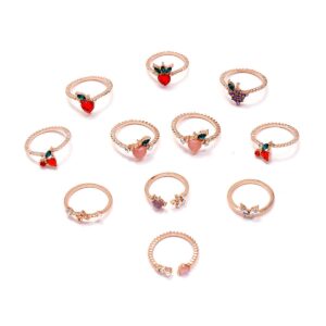 XUN Zhe 11Pcs Stackable Ring Set Apple Peach Strawberry Grape Cherry Butterfly Snowflake Fruit Rhinestone Crystal Zirconia Knuckle Band Ring Jewelry for Women (Golden)