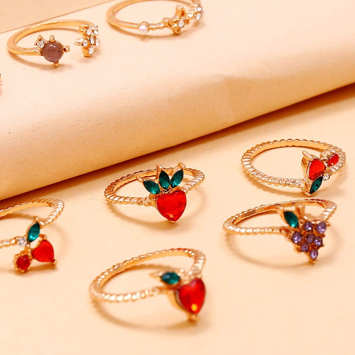 XUN Zhe 11Pcs Stackable Ring Set Apple Peach Strawberry Grape Cherry Butterfly Snowflake Fruit Rhinestone Crystal Zirconia Knuckle Band Ring Jewelry for Women (Golden)