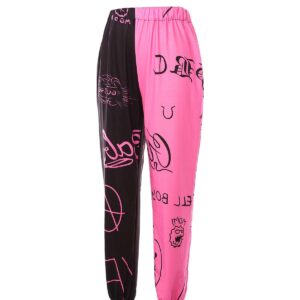 Mylleure Women Printed Baggy Sweatpants Pockets High Waisted Joggers Pants Contrast Color Sporty Workout Athletic Lounge Trousers (B Black + Pink Symbol, M)