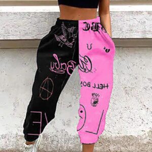 Mylleure Women Printed Baggy Sweatpants Pockets High Waisted Joggers Pants Contrast Color Sporty Workout Athletic Lounge Trousers (B Black + Pink Symbol, M)