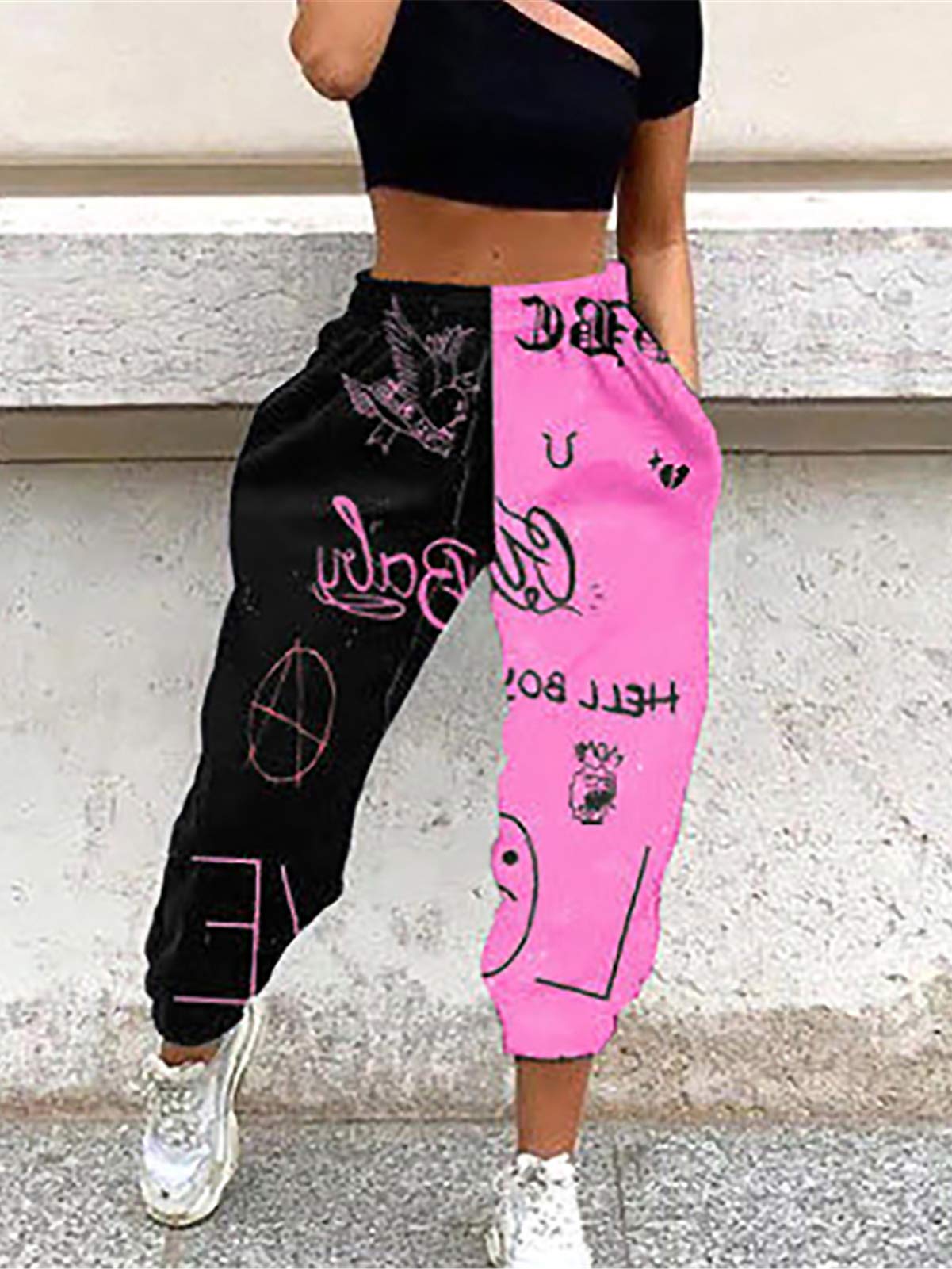 Mylleure Women Printed Baggy Sweatpants Pockets High Waisted Joggers Pants Contrast Color Sporty Workout Athletic Lounge Trousers (B Black + Pink Symbol, M)