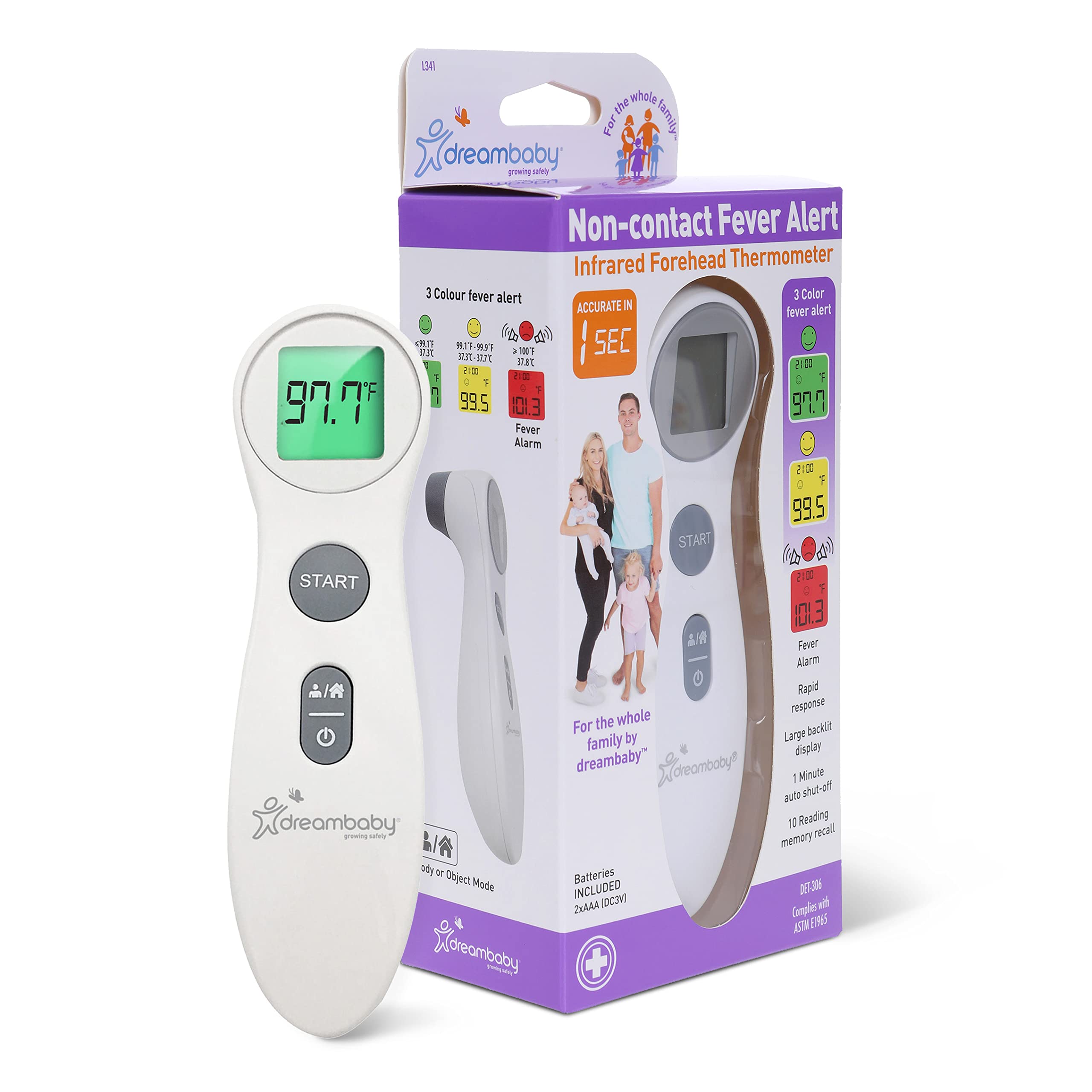 Dreambaby Touchless Non Contact Digital Infrared Forehead Thermometer - Fever Temperature Scanner - for Baby and Adults (with Object Mode Switch Option) - Model L341