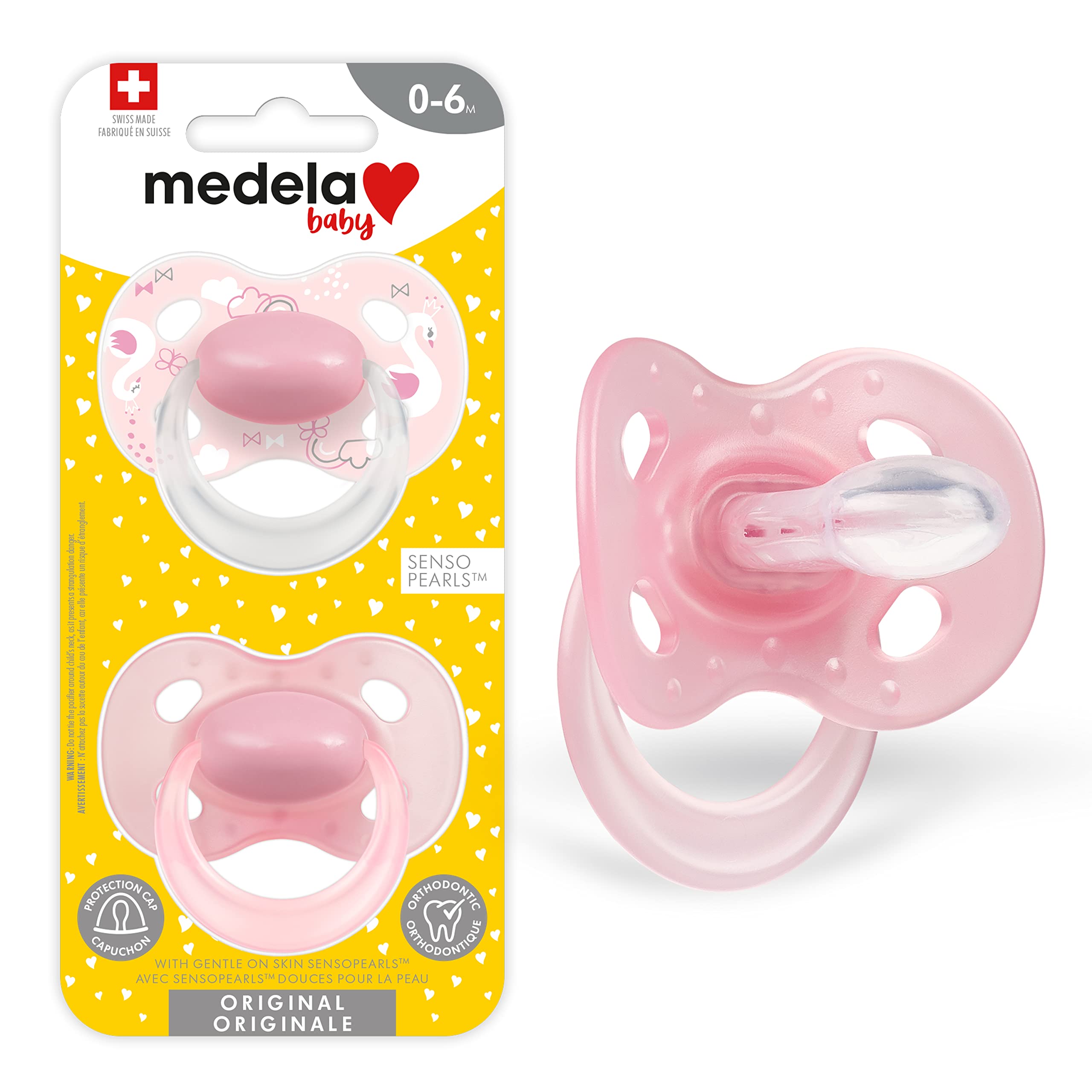 Medela Baby Pacifier | 0-6 Months | BPA-Free | Lightweight & Orthodontic | 2-Pack | Pink and Pink with Swan and Butterfly Design