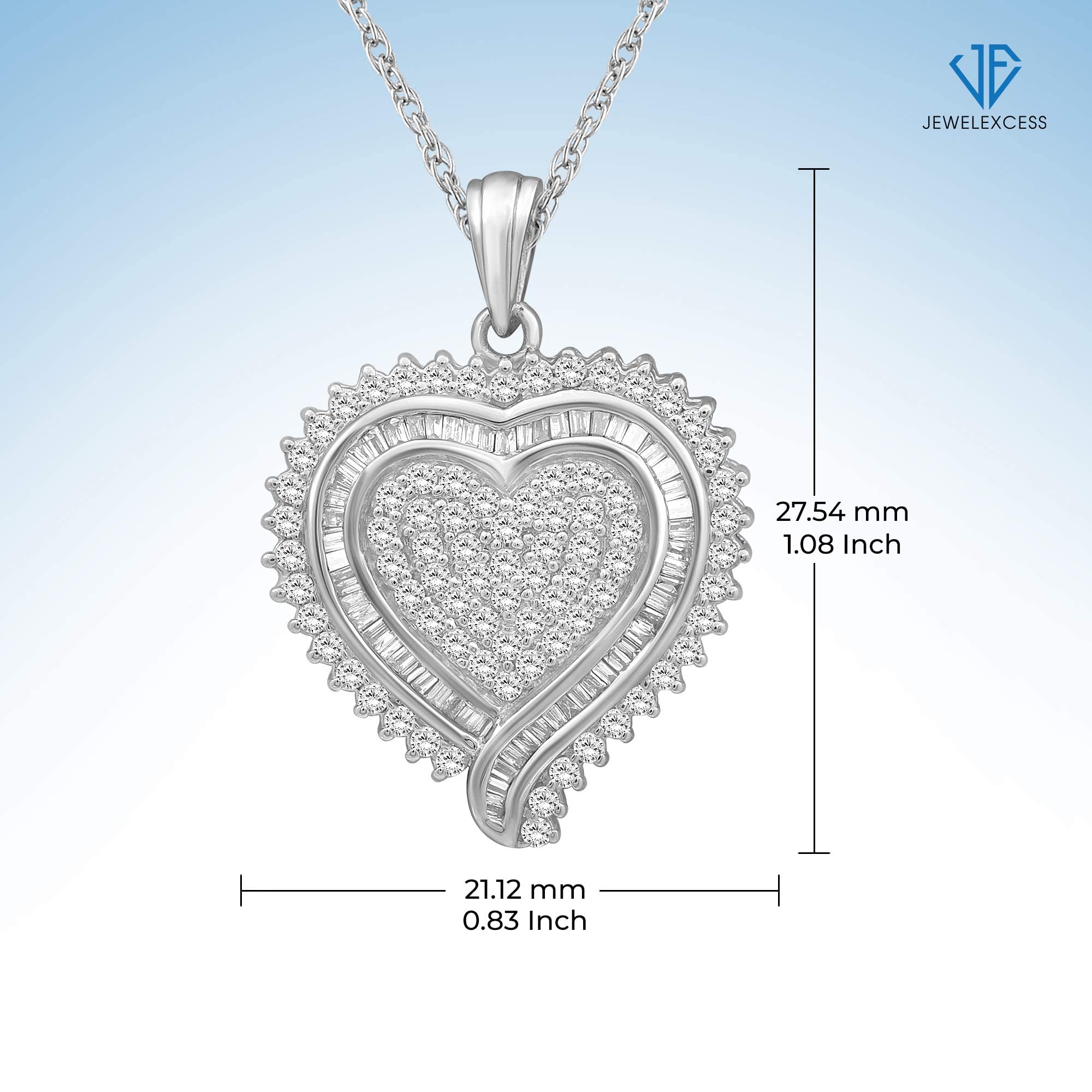 JEWELEXCESS Sterling Silver (.925) or 14K Gold over Silver Heart Necklace with 1.00 Carat White Diamonds | Jewelry for Women with Round & Baguette White Diamonds & 18 inch Rope Chain with Spring Clasp