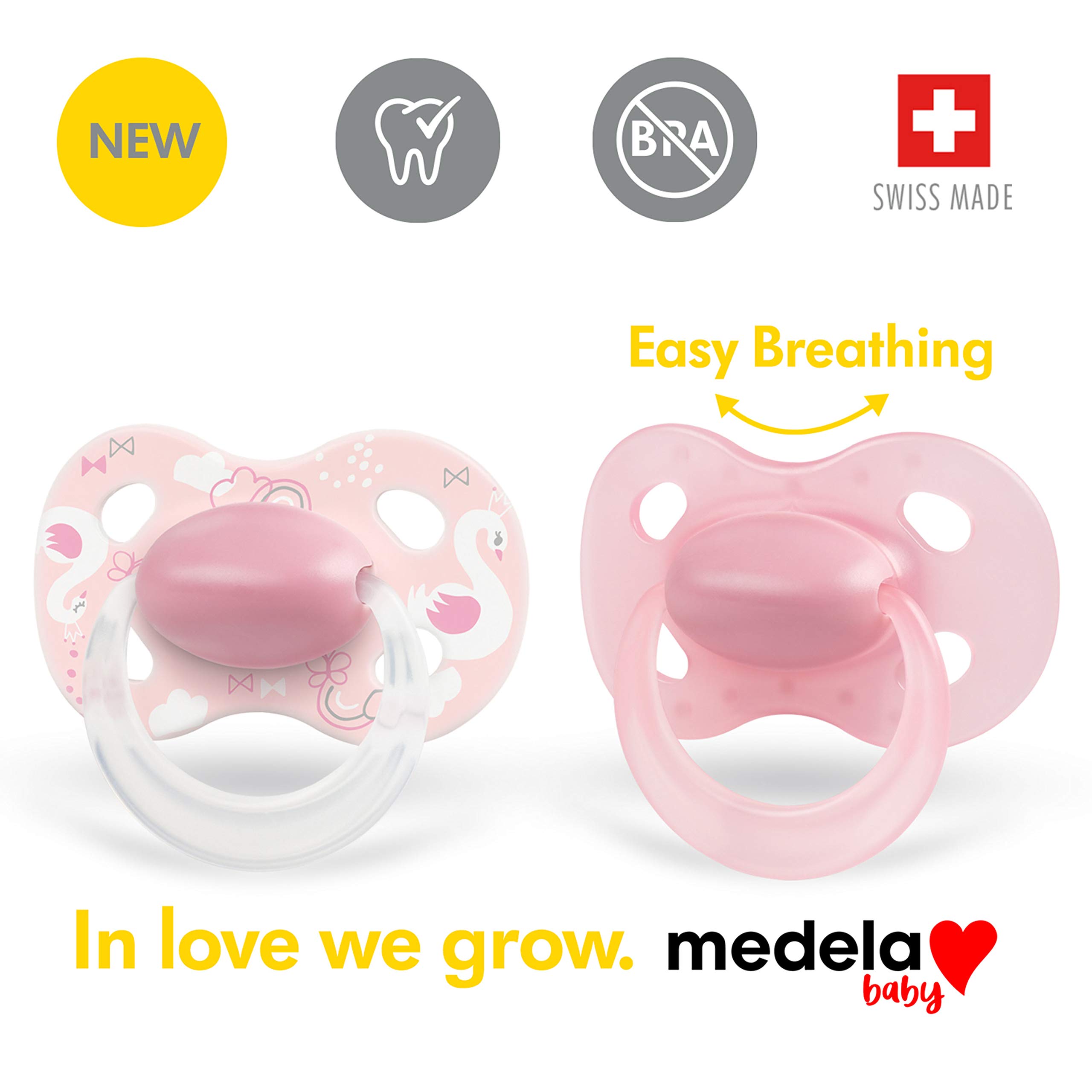 Medela Baby Pacifier | 0-6 Months | BPA-Free | Lightweight & Orthodontic | 2-Pack | Pink and Pink with Swan and Butterfly Design