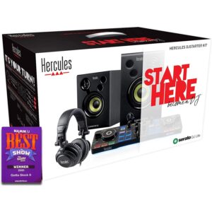 Hercules DJ Starter Kit with DJ Control Starlight, DJMonitor 32, HDP DJ M40.1 Headphones, & Serato DJ Lite + On-Stage Computer Laptop Audio Mixer, Lighting Controller, Midi Controller Stand