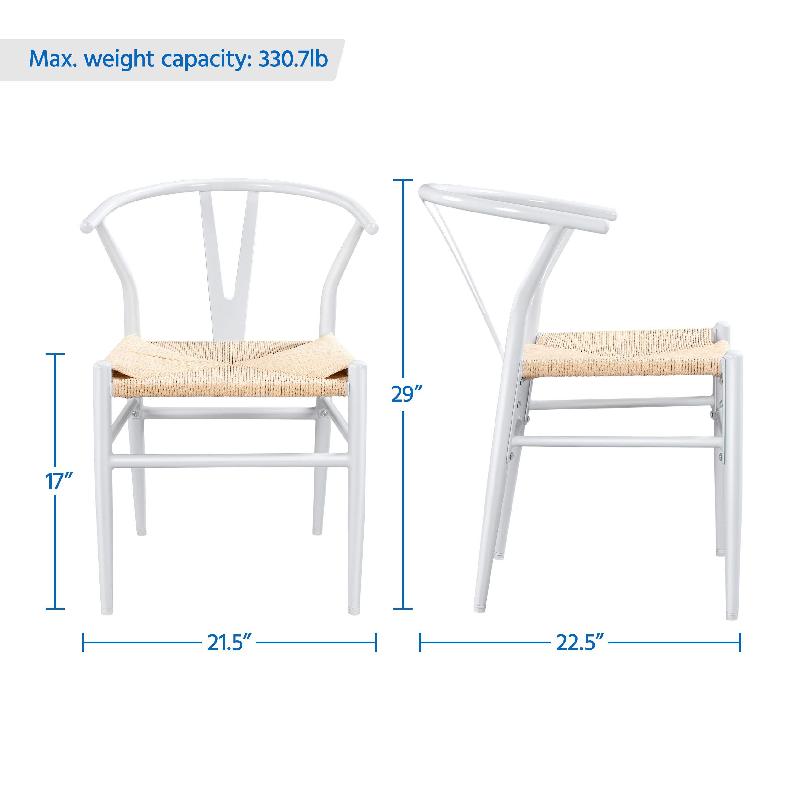 Yaheetech Metal Dining Chair Y-Shaped Set of 4 Weave Arm Chair Mid-Century Dining Room Chairs Backrest Hemp Seat, White