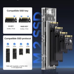 ORICO M.2 NVMe SSD Enclosure, USB 3.2 Gen 2 (10 Gbps), Transparent External Solid State Drive Adapter Enclosure for 2280 2260 2242 2230 PCI-E M2 M-Key SSD, USB Type C Converter Case-TCM2 Silver