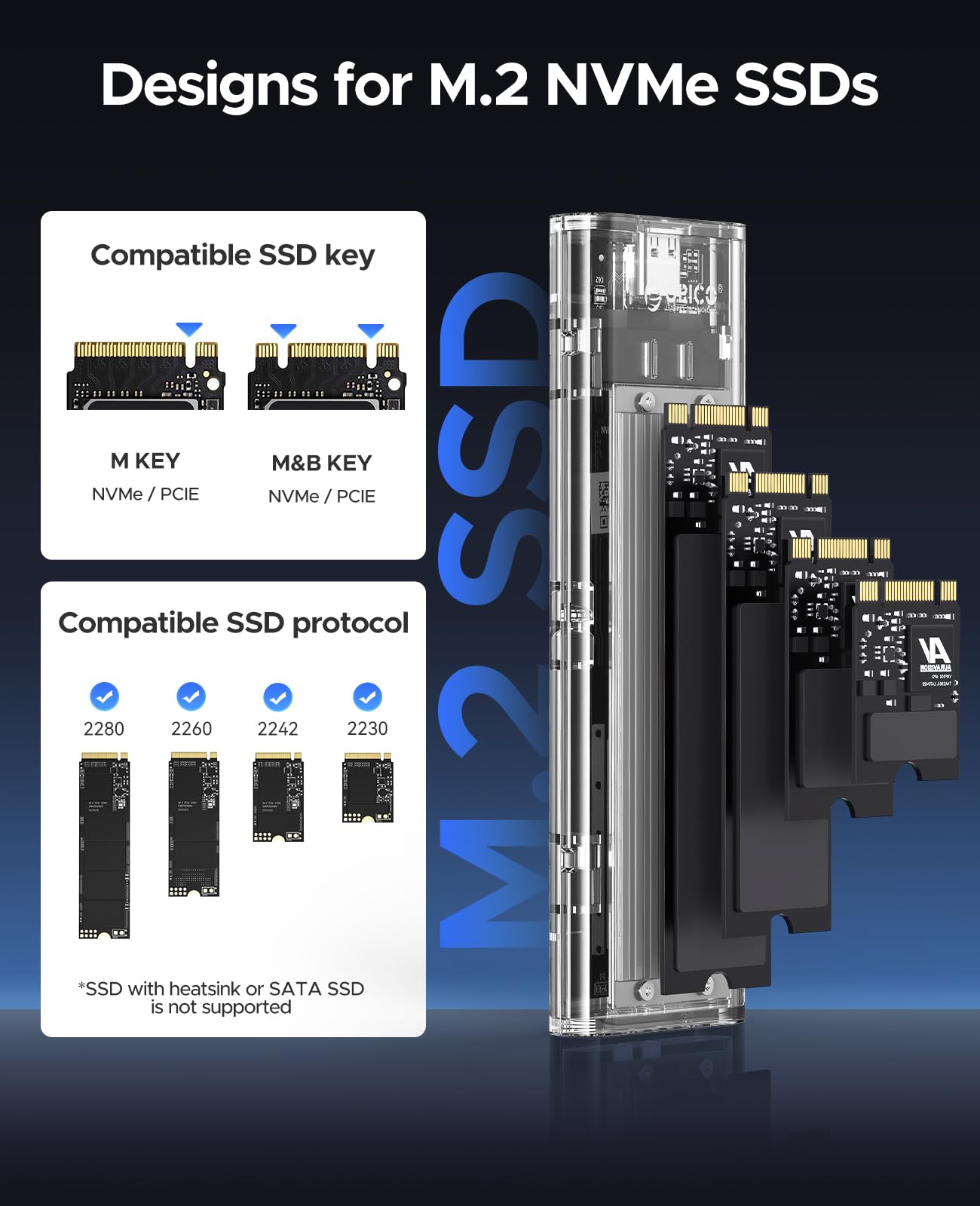 ORICO M.2 NVMe SSD Enclosure, USB 3.2 Gen 2 (10 Gbps), Transparent External Solid State Drive Adapter Enclosure for 2280 2260 2242 2230 PCI-E M2 M-Key SSD, USB Type C Converter Case-TCM2 Silver