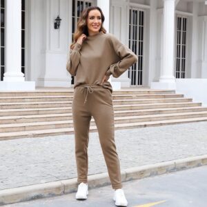 Fixmatti Jogging Outfits for Women Set 2 Piece Long Sleeve Sweatshirt Matching Sweatpants Tracksuit Coffee S