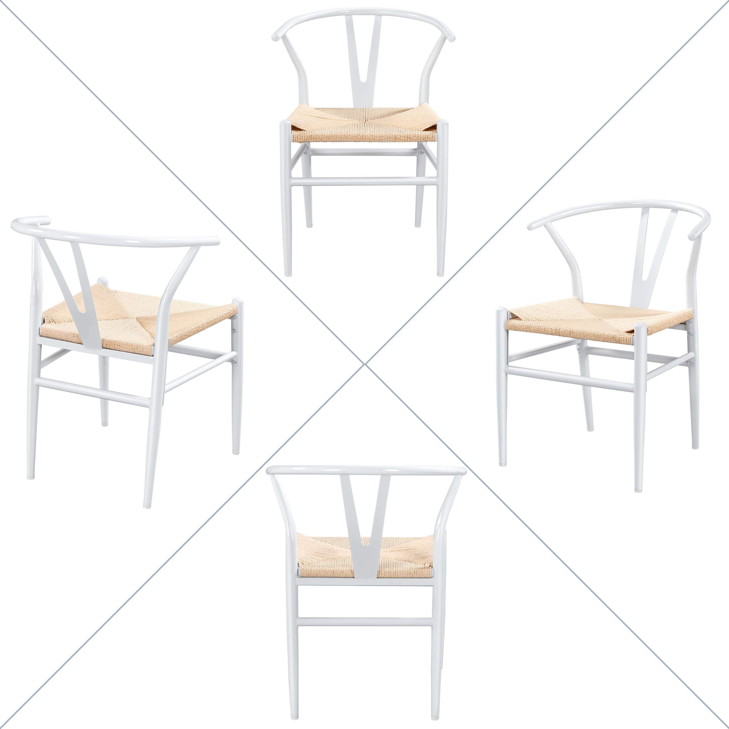 Yaheetech Metal Dining Chair Y-Shaped Set of 4 Weave Arm Chair Mid-Century Dining Room Chairs Backrest Hemp Seat, White