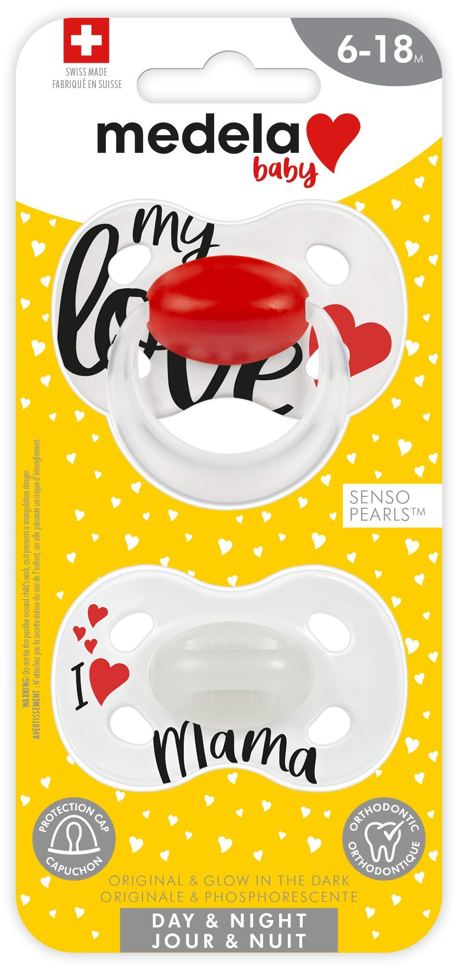 Medela Baby Pacifier | Day and Night Glow in The Dark | 6-18 Months | 2-Pack, Lightweight | BPA-Free | Supports Natural Suckling | My Love and I Love Mama