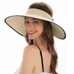 Sun Visors for Women Wide Brim Straw Hat Women Beach Visor Hats for Women Uv Protection Foldable Sun Hat Women Beach Hat, Off White