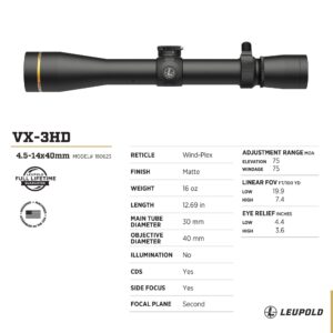 Leupold VX-3HD 4.5-14x40 (30mm) CDS-ZL Side Focus Wind-Plex Reticle Riflescope