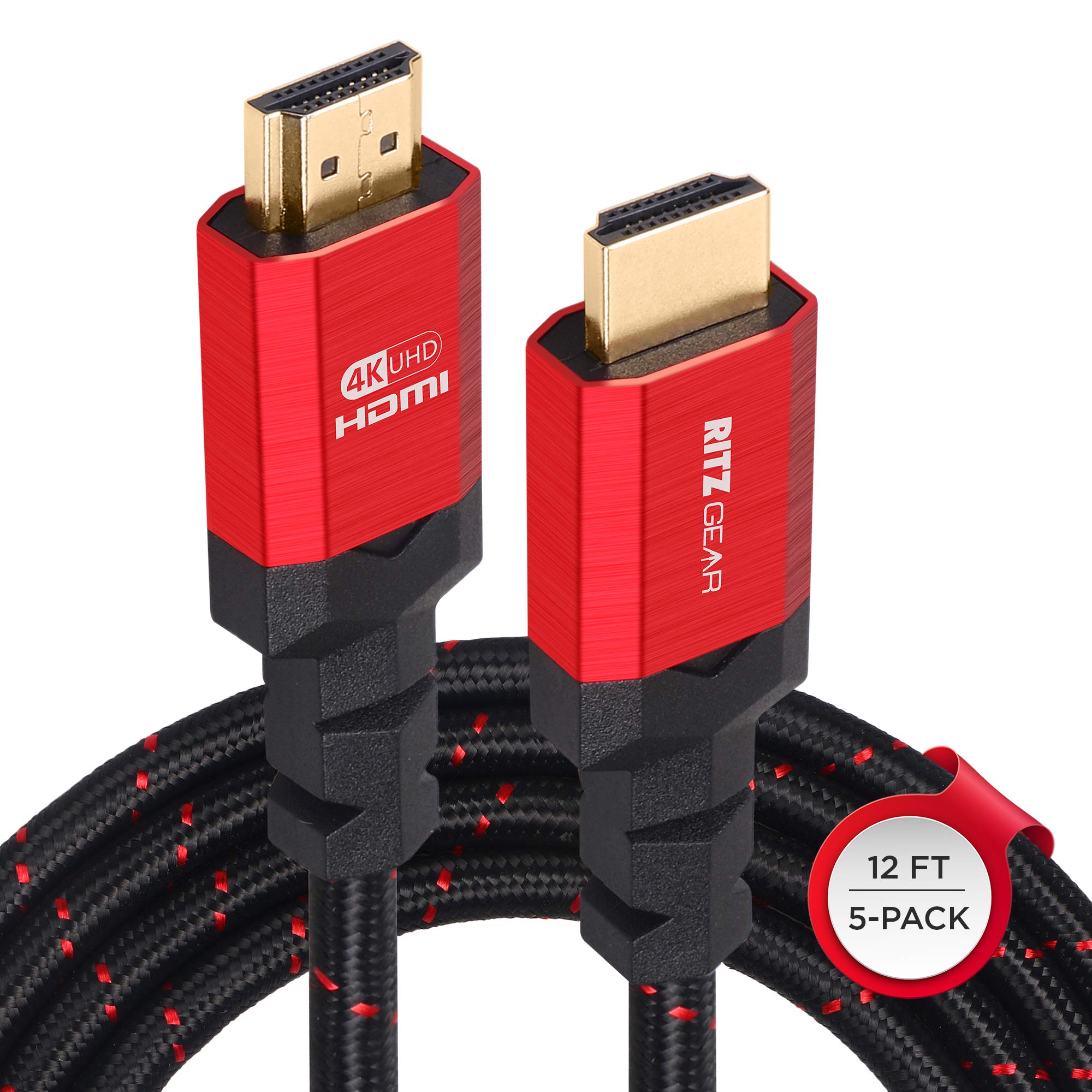 Ritz Gear 4K HDMI 2.0 Cable 12 ft. [5 Pack] 18 Gbps Ultra High Speed Braided Nylon Cord & Gold Connectors - 4K@60Hz/UHD/3D/2160p/1080p/ARC & Ethernet. Compatible with UHD TV/Monitor/PC/PS5/Xbox