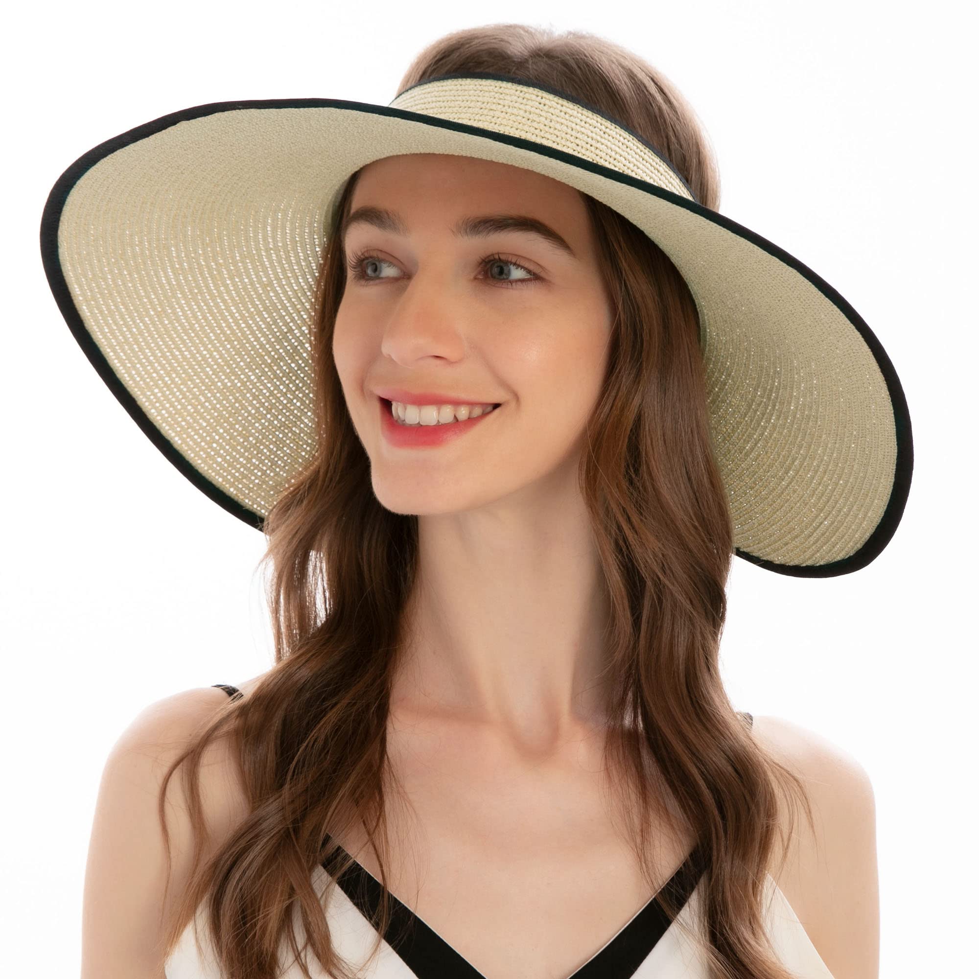 Sun Visors for Women Wide Brim Straw Hat Women Beach Visor Hats for Women Uv Protection Foldable Sun Hat Women Beach Hat, Off White