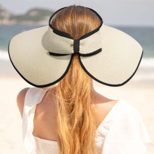 Sun Visors for Women Wide Brim Straw Hat Women Beach Visor Hats for Women Uv Protection Foldable Sun Hat Women Beach Hat, Off White