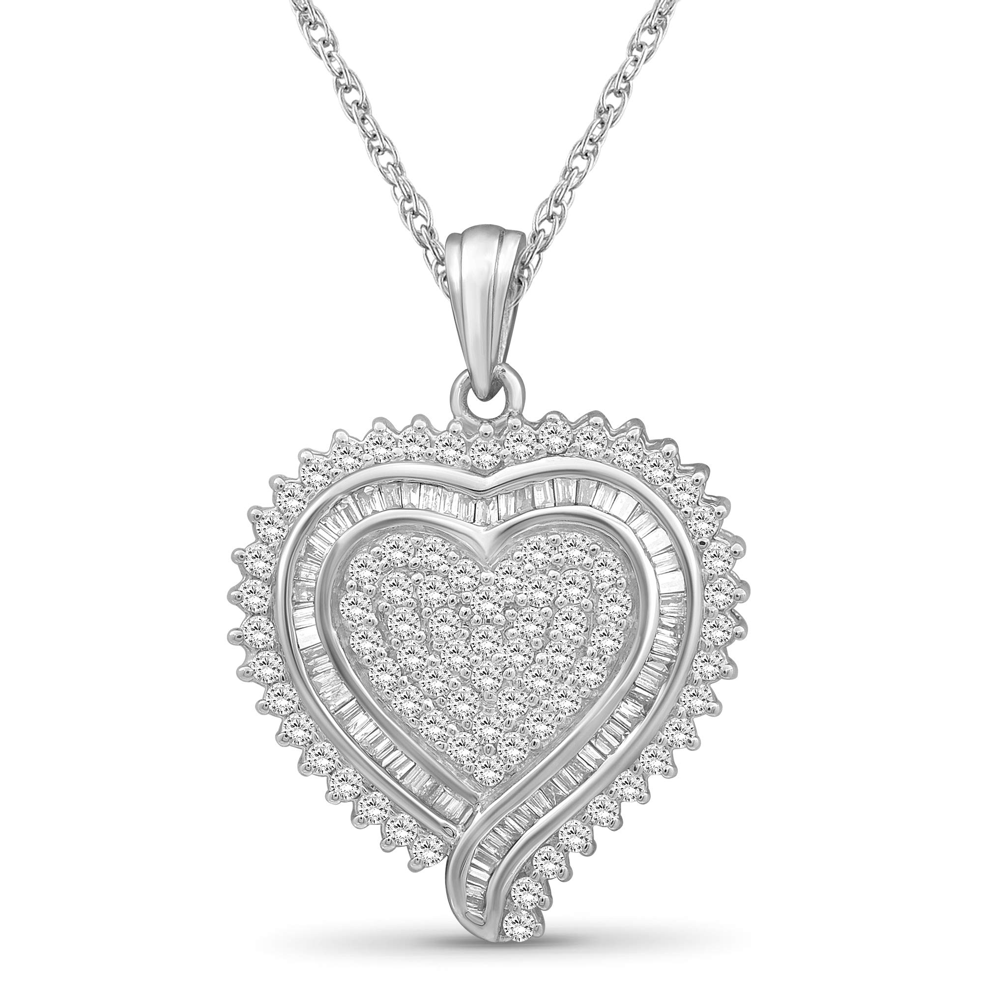 JEWELEXCESS Sterling Silver (.925) or 14K Gold over Silver Heart Necklace with 1.00 Carat White Diamonds | Jewelry for Women with Round & Baguette White Diamonds & 18 inch Rope Chain with Spring Clasp