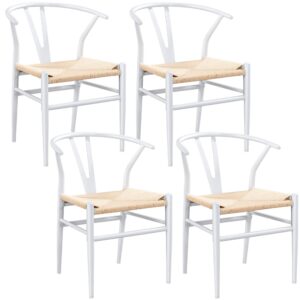 yaheetech metal dining chair y-shaped set of 4 weave arm chair mid-century dining room chairs backrest hemp seat, white