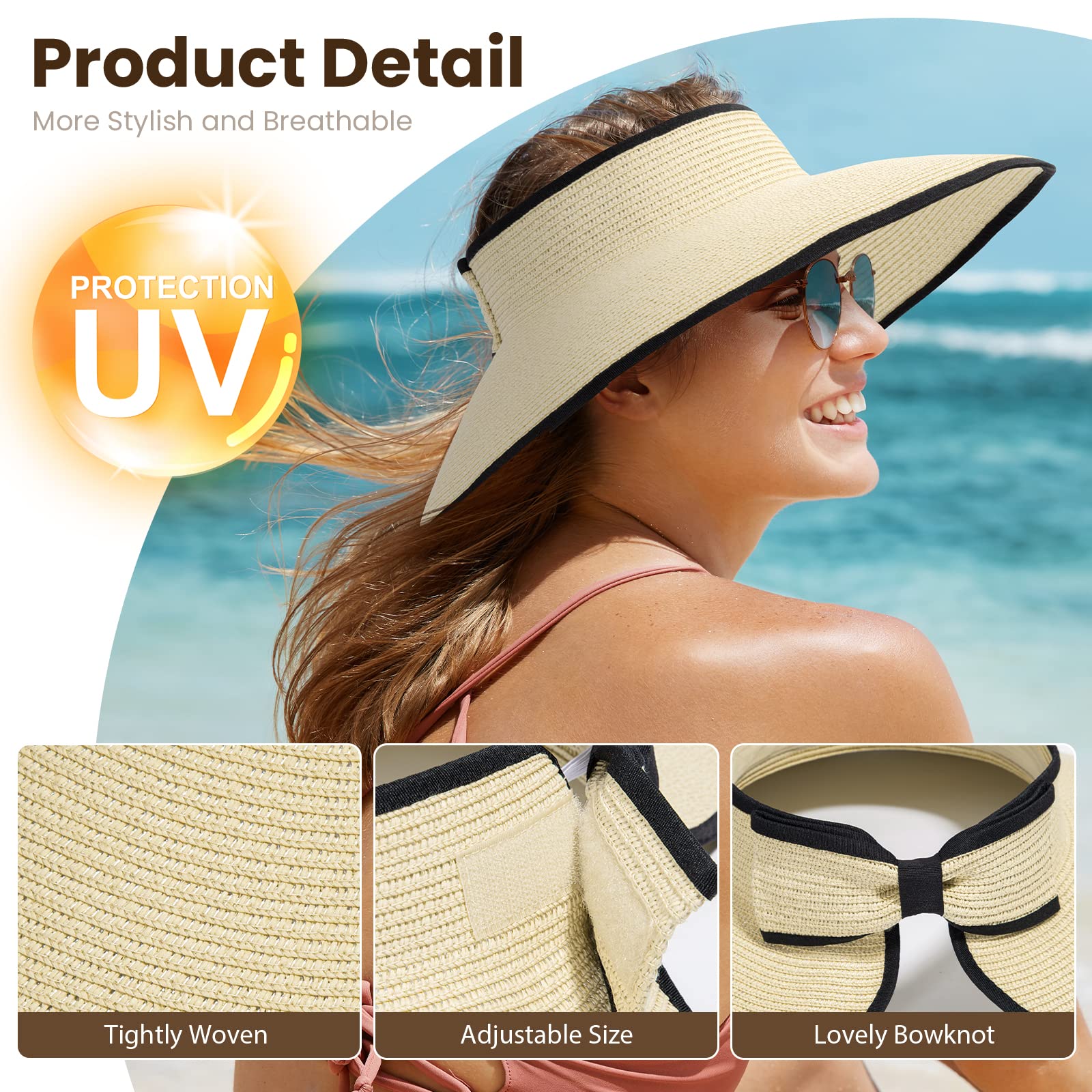 Sun Visors for Women Wide Brim Straw Hat Women Beach Visor Hats for Women Uv Protection Foldable Sun Hat Women Beach Hat, Off White