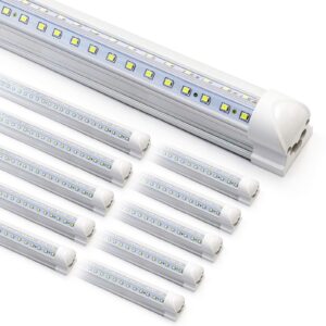 10-pack 8ft led shop light fixture - 90w t8 integrated led tube light - 6500k 12000lm v-shape linkable - high output - clear cover - plug and play - 270 degree lighting for garage, shop, barn