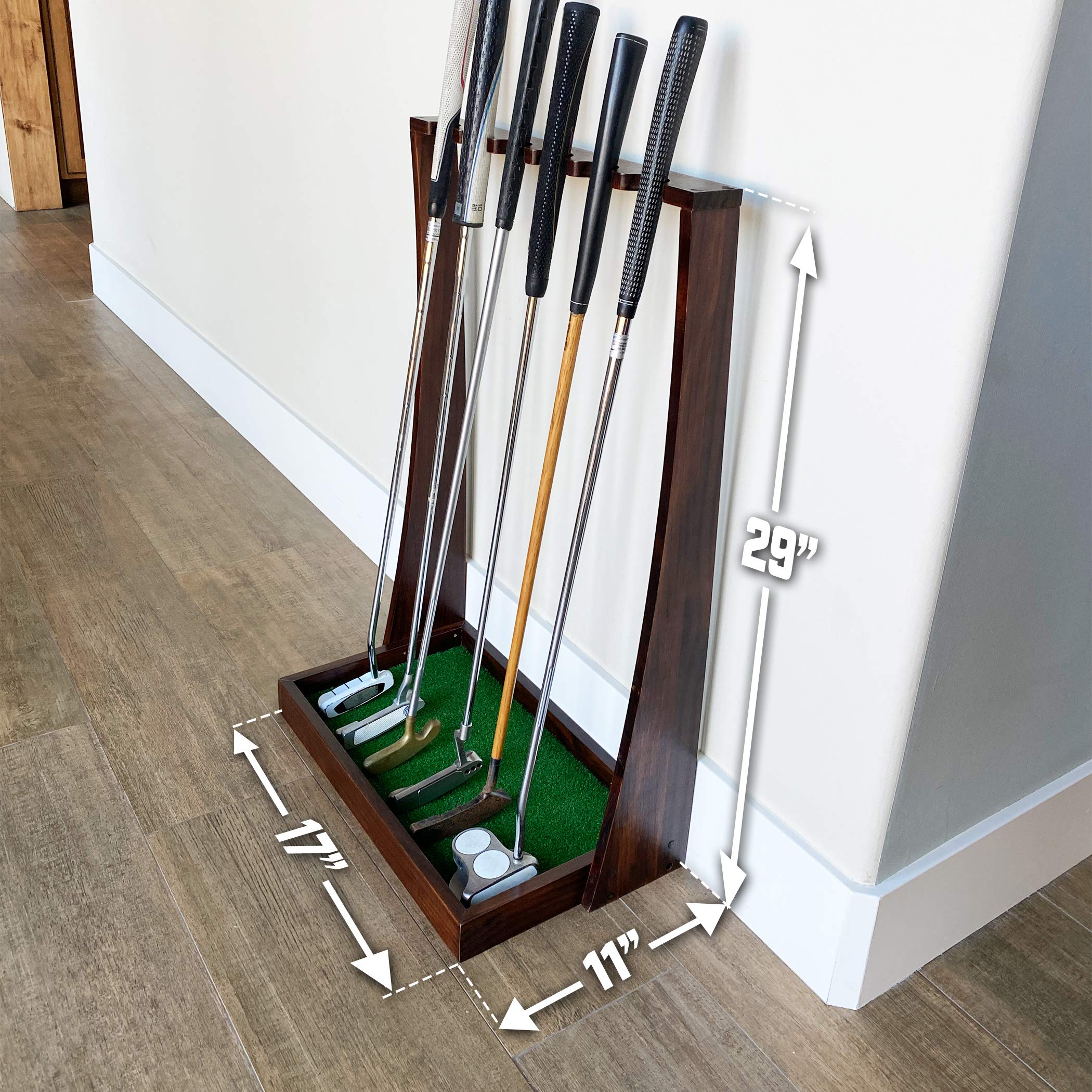 GoSports Premium Wooden Golf Putter Stand - Indoor Display Rack, Holds 6 Clubs - Black, Natural, Brown, White