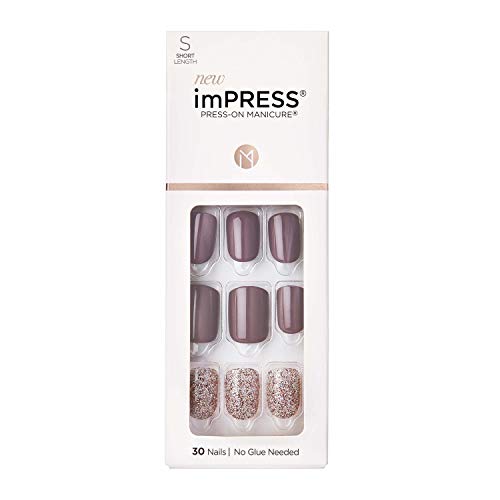 KISS imPRESS No Glue Mani Press On Nails, Design, Flawless', Gray, Short Size, Squoval Shape, Includes 30 Nails, Prep Pad, Instructions Sheet, 1 Manicure Stick, 1 Mini File