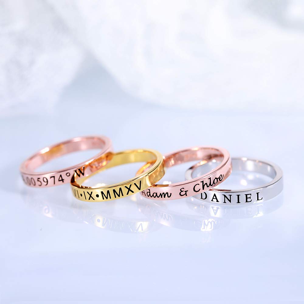 AILIN 925 Sterling Silver Personalized Stacking Name Ring Silver/Gold/Rose Gold Customized 3 Fonts Engraved Date Year Stackable Ring Jewelry Gifts for Women Her Men