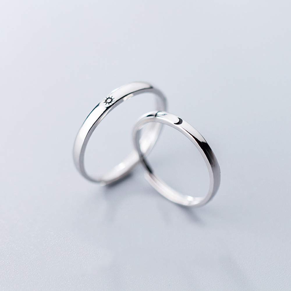 Kokoma Sun and Crescent Moon Couple Rings Sterling Silver 925 Adjustable Minimalist Promise Engagement Wedding Ring Finger Band Sets Dainty Jewelry Gifts for Him and Her