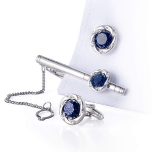 BagTu Crystal Galaxy Cufflinks and Tie Clip Set with Gift Box and Greeting Card, Round Dark Blue Cufflinks and Tie Clip Gift Set for Men