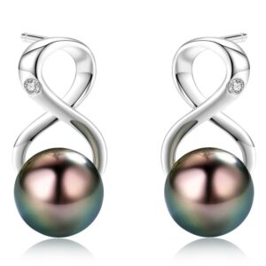 chaulri infinity earrings aaa top grade genuine tahitian black pearl 8-9mm 18k gold plated 925 sterling silver – birthday anniversary jewelry gifts for women (18k white gold)