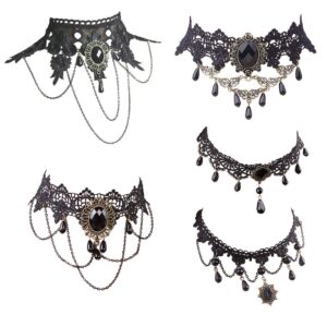 dumcondy halloween elegant sexy women girl retro gothic punk style necklace black lace neck chain collar statement choker victorian steampunk jewelry party wedding princess,5 pieces/set