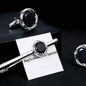 BagTu Crystal Galaxy Cufflinks and Tie Clip Set with Gift Box and Greeting Card, Round Dark Blue Cufflinks and Tie Clip Gift Set for Men