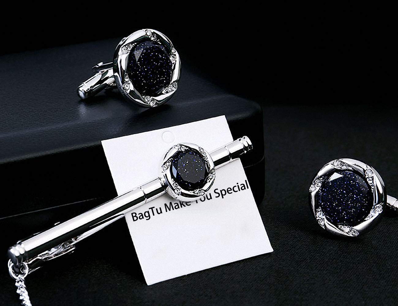 BagTu Crystal Galaxy Cufflinks and Tie Clip Set with Gift Box and Greeting Card, Round Dark Blue Cufflinks and Tie Clip Gift Set for Men