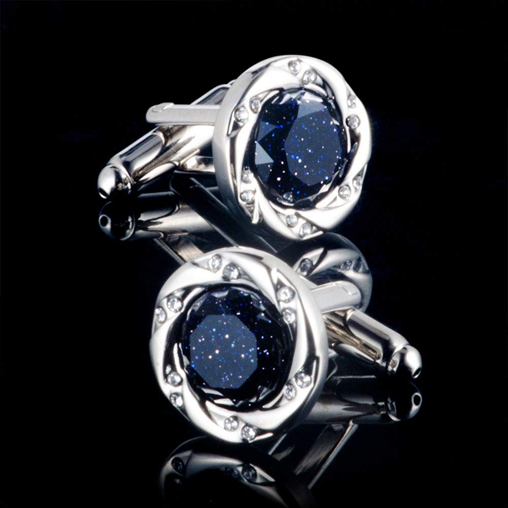 BagTu Crystal Galaxy Cufflinks and Tie Clip Set with Gift Box and Greeting Card, Round Dark Blue Cufflinks and Tie Clip Gift Set for Men