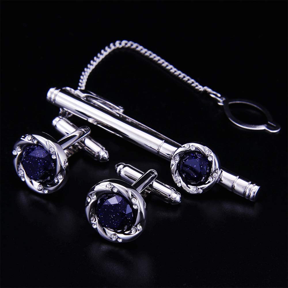 BagTu Crystal Galaxy Cufflinks and Tie Clip Set with Gift Box and Greeting Card, Round Dark Blue Cufflinks and Tie Clip Gift Set for Men