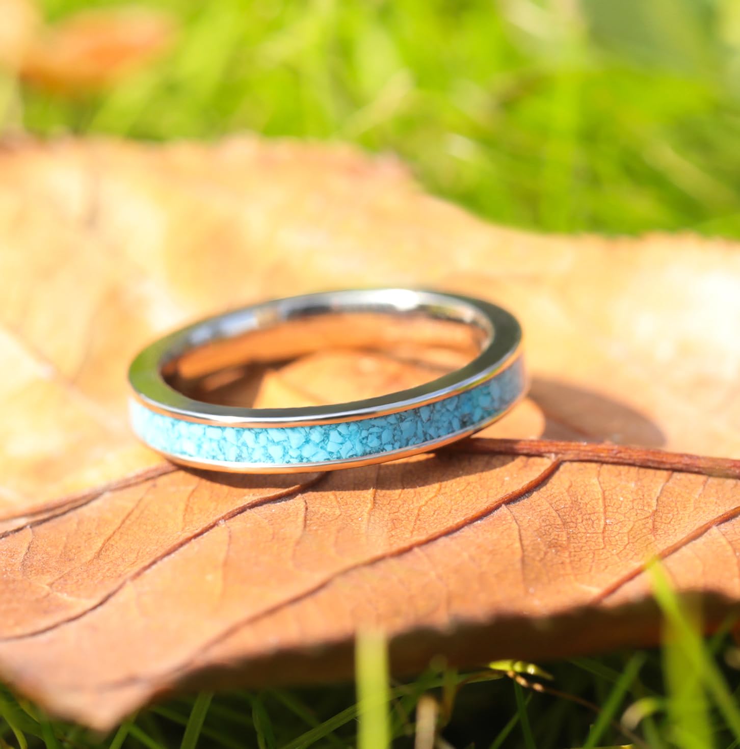 TIGRADE 3MM Titanium Ring Blue Turquoise Engagement Wedding Band for Woman Size 3-13, Silver, Size 7