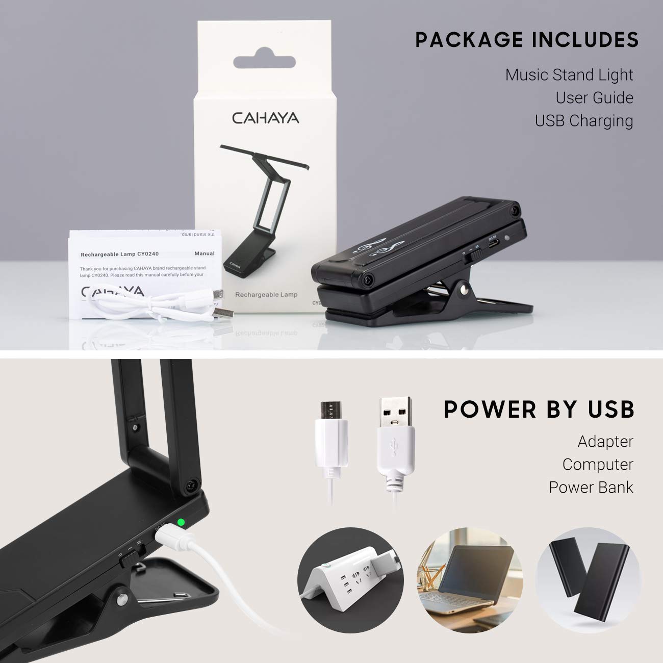 CAHAYA Music Stand Light Clip on Rechargeable with USB Book Lamp Foldable for Piano Guitar Player Keyboard Orchestra CY0240